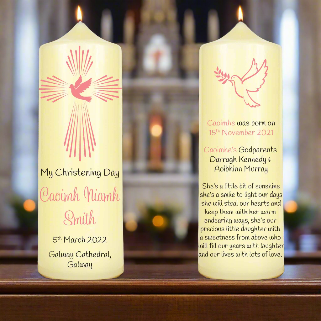 Personalised Christening Candle Pink Dove – Corrib Candles