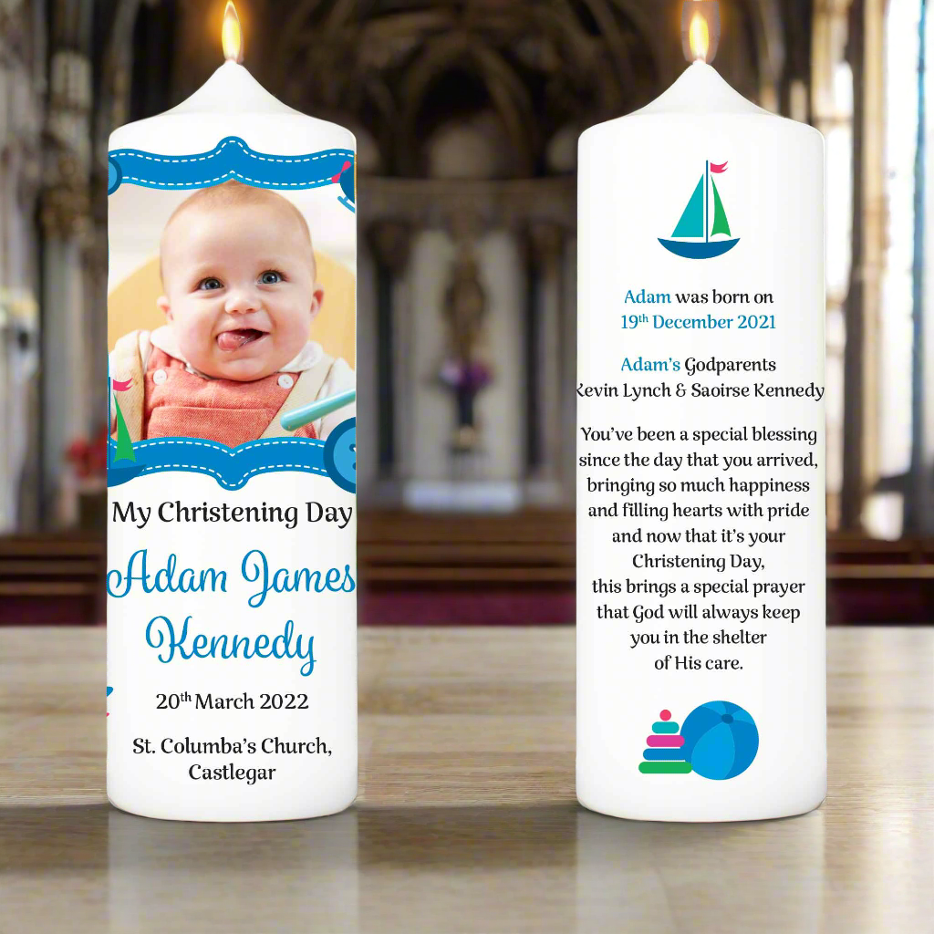 Personalised Christening Candle Blue Stitch – Corrib Candles