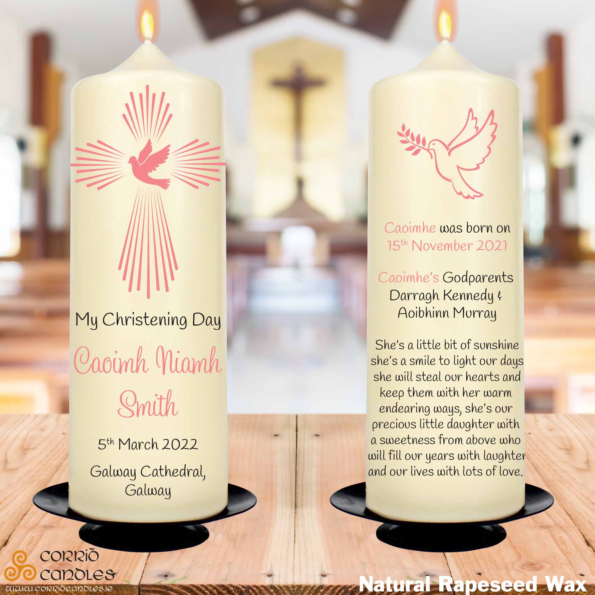 Personalised Christening Candle Pink Dove – Corrib Candles