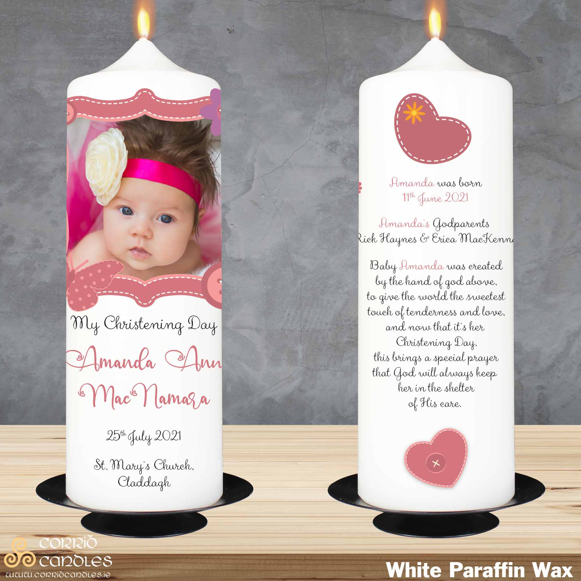 Personalised Christening Candle Pink Stitch – Corrib Candles